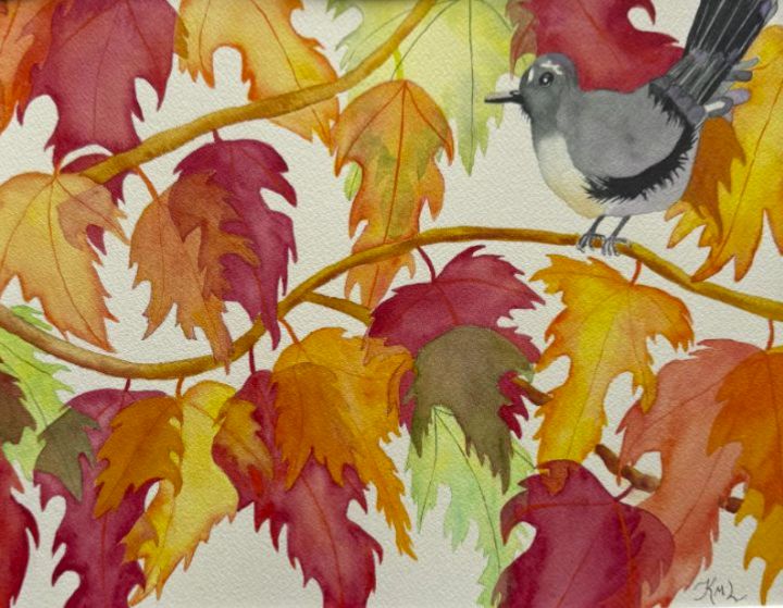 Watercolor Fall Leaves Bird Red - Watercolor Paintings Studio ...