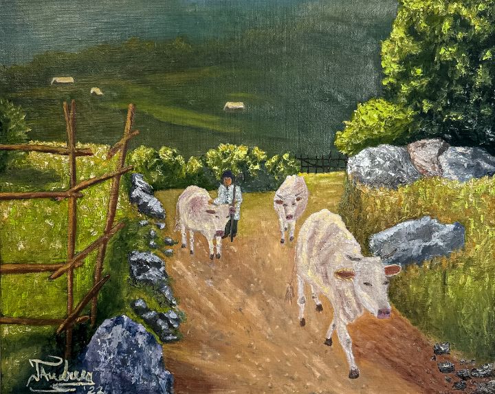 Shepherd and Cows - A. N. Lampert - Paintings & Prints, Ethnic ...