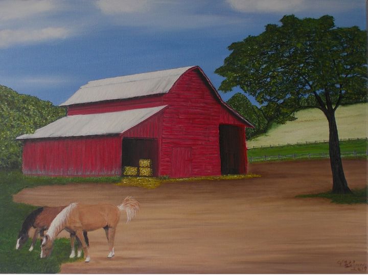 Red Barn and Horses - Gregory Shinn - Paintings & Prints, Animals ...