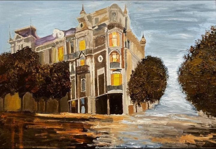 Oil Painting Old Buildings Stores