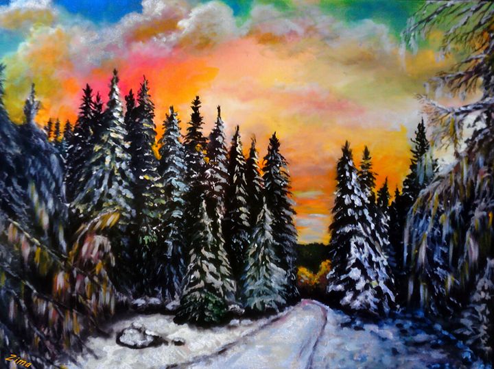 Winter Sunset - Zima - Paintings & Prints, Landscapes & Nature, Seasons ...