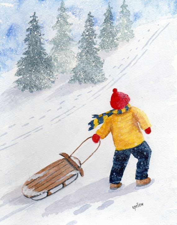 Boy Pulling Sled - WatercolorsbySandy - Paintings & Prints, Landscapes ...
