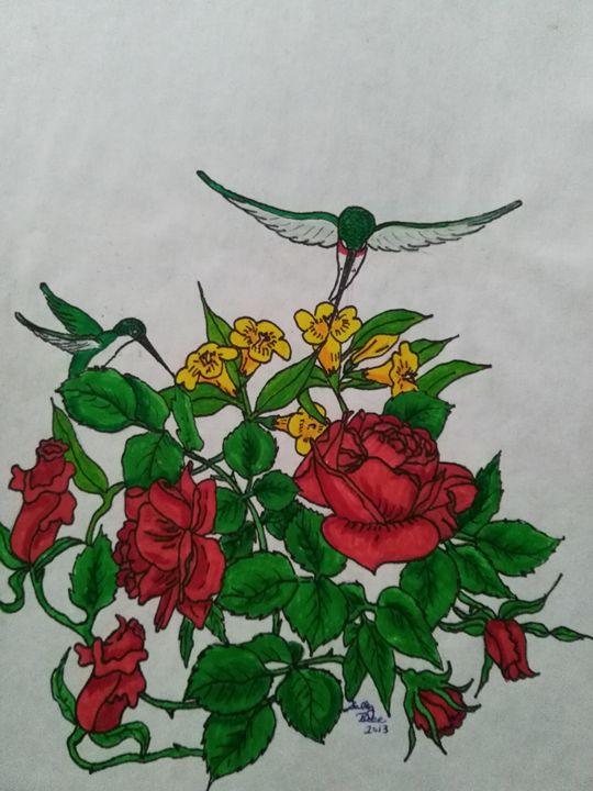 Hummingbird And Rose Drawing