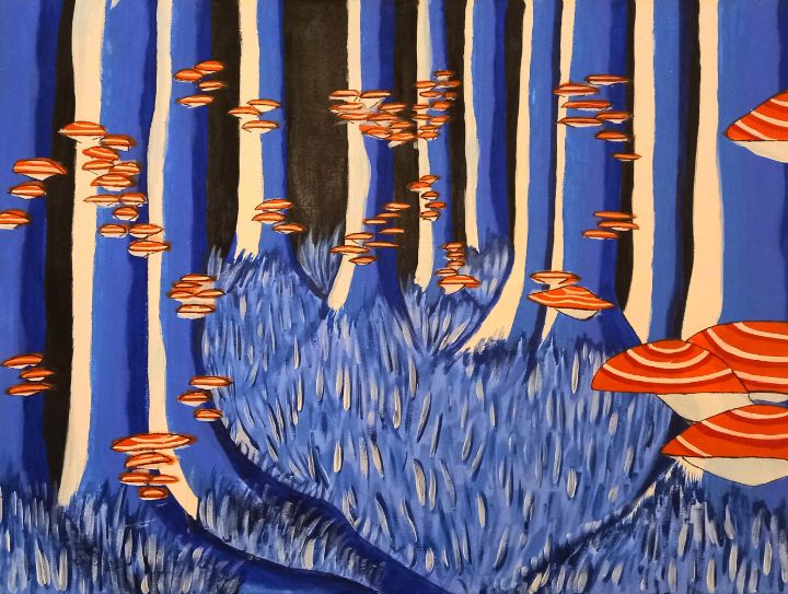 Blue Forest w Orange Mushrooms - Heather M. Grogan - Paintings & Prints ...