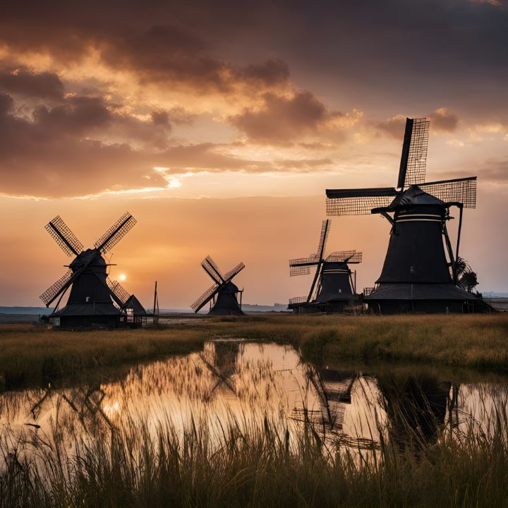 Dutch Windmills at Sunset - Chloe Morgan - Digital Art & AI, Landscapes ...
