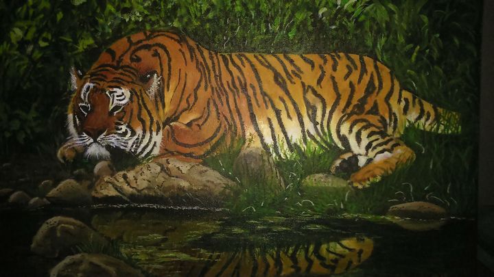 Tiger relaxing on river bed - Art by Kala - Paintings & Prints, Animals ...
