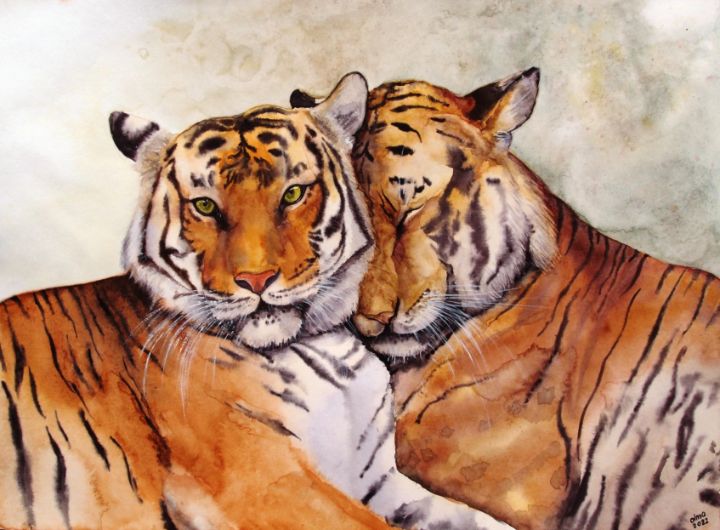 Tigers in love original watercolor - Olma - Paintings & Prints, Animals ...