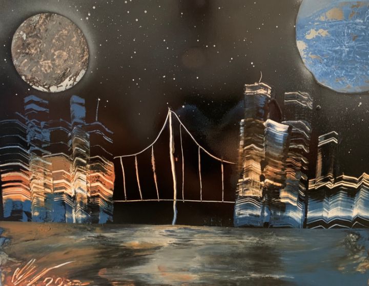 Orange and Blue River City - CAC Art - Paintings & Prints, Buildings ...
