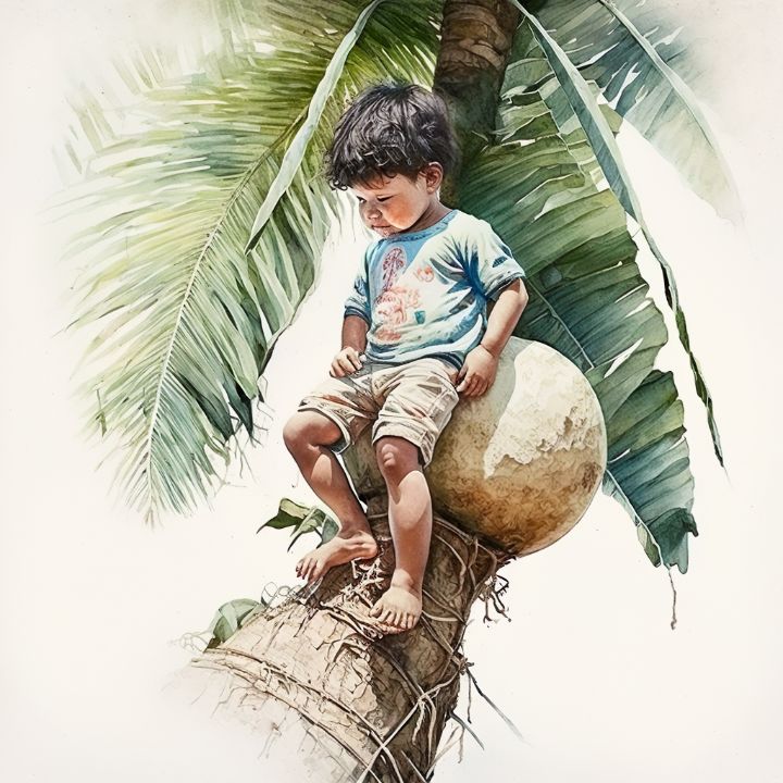 Content Atop a Coconut Tree v2 - The J Matthew Collection - Paintings ...