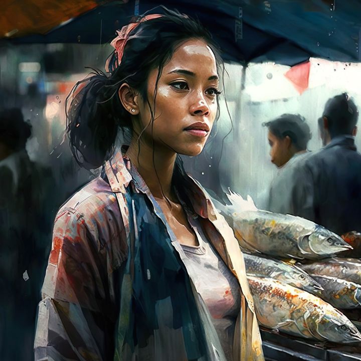 Piercing Gaze at Fish Market - The J Matthew Collection - Paintings ...