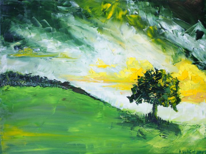 Green landscape with a tree - proDekorStudio - Paintings & Prints ...