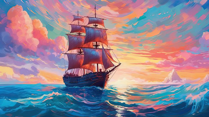 Epic Colorful Sailing Ship Illustra - graphiXperience - Drawings ...
