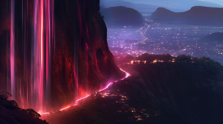 Glowing Waterfall at Night Illustrat - graphiXperience - Drawings ...