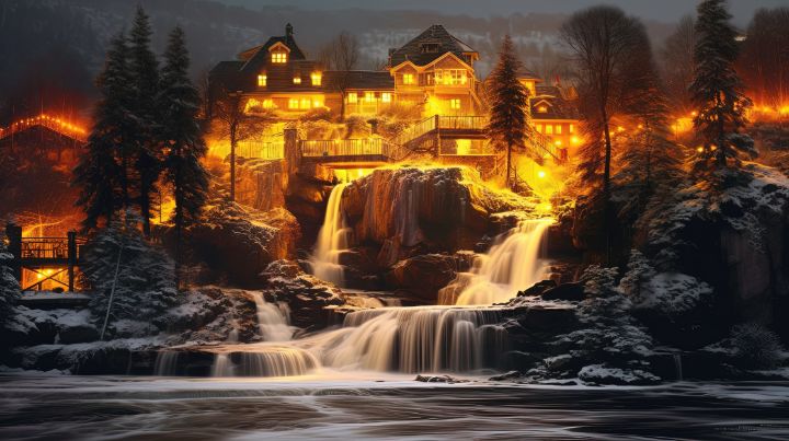 Glowing Waterfall at Night Illustrat - graphiXperience - Drawings ...