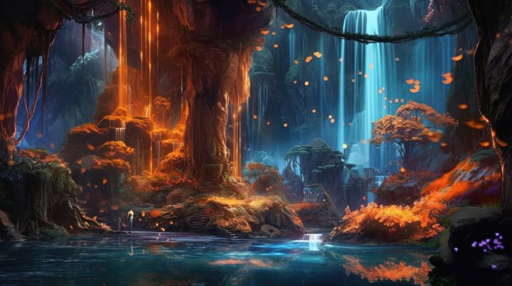 Glowing Waterfall at Night Illustrat - graphiXperience - Drawings ...
