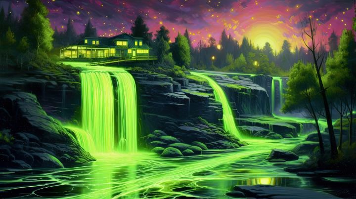 Glowing Waterfall at Night Illustrat - graphiXperience - Drawings ...