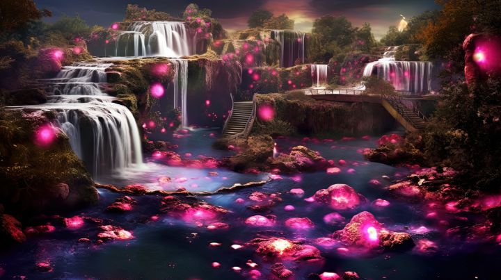 Glowing Waterfall at Night Illustrat - graphiXperience - Drawings ...