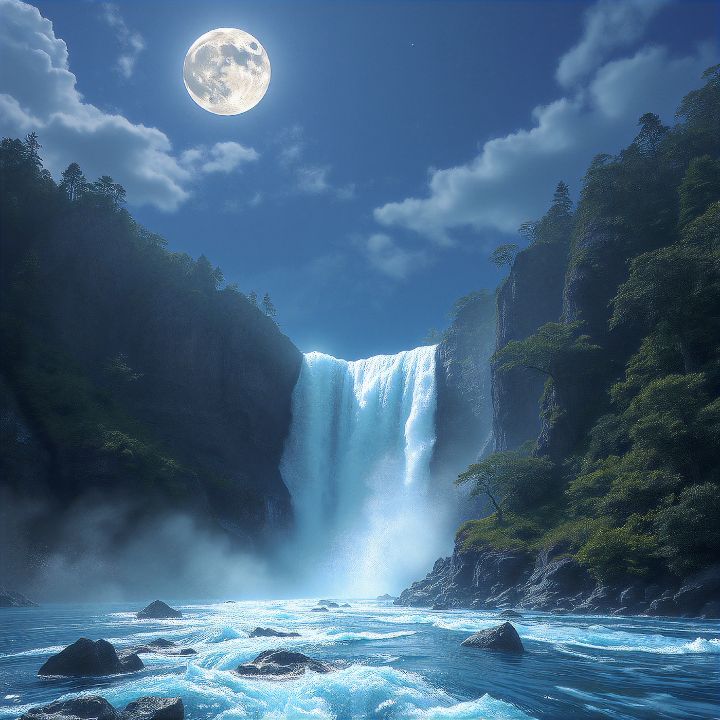 a waterfall with a full moon - LAYA ARTS - Digital Art & AI, Landscapes ...