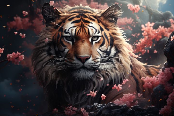 Tiger and Pink Cherry Blossom - Erika Kaisersot - Digital Art, Animals ...