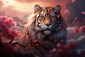 Tiger and Pink Cherry Blossom - Erika Kaisersot - Digital Art, Animals ...