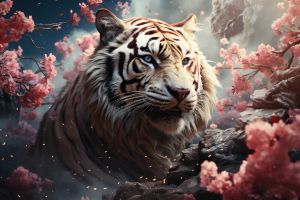 Tiger and Pink Cherry Blossom - Erika Kaisersot - Digital Art, Animals ...