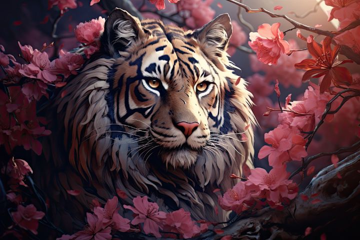 Tiger, Girl and Cherry Blossom - Erika Kaisersot - Digital Art & AI ...