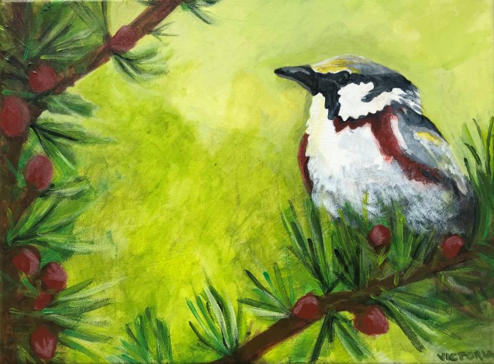 Bird in the Berry Tree - Victoriann Artworks - Paintings & Prints ...