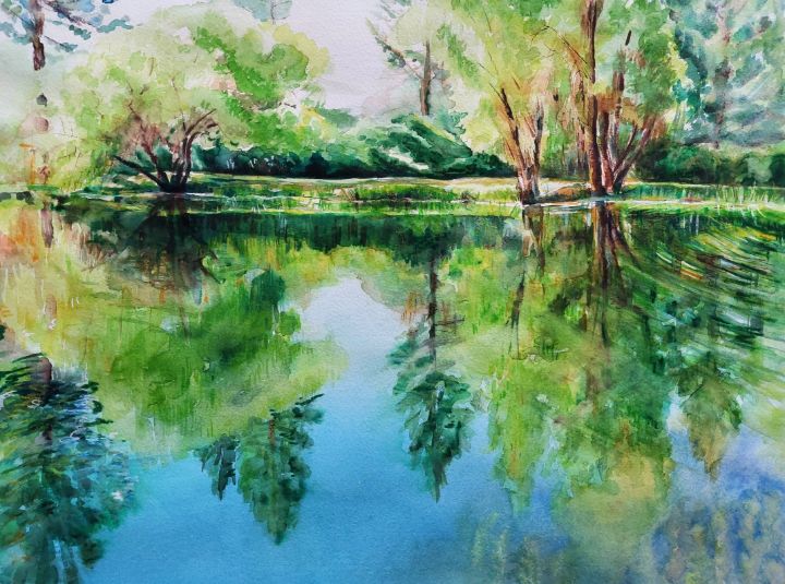 A pond in spring watercolor - Irinamillerart - Paintings & Prints ...
