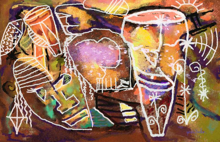 MASK AND CONGA - YOUKOART - Paintings & Prints, Abstract, Movement - ArtPal