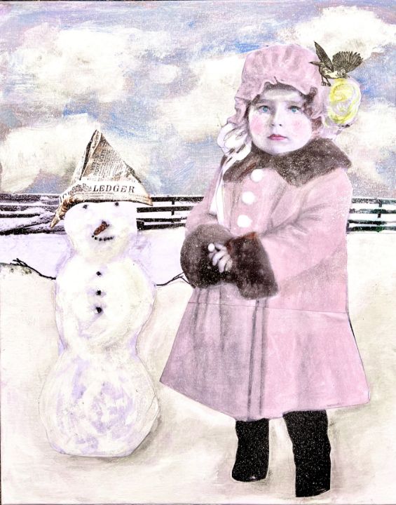 Winter Scene with Snowman. 16 x 20" - Victoria Bochat Mixed Media Arts ...