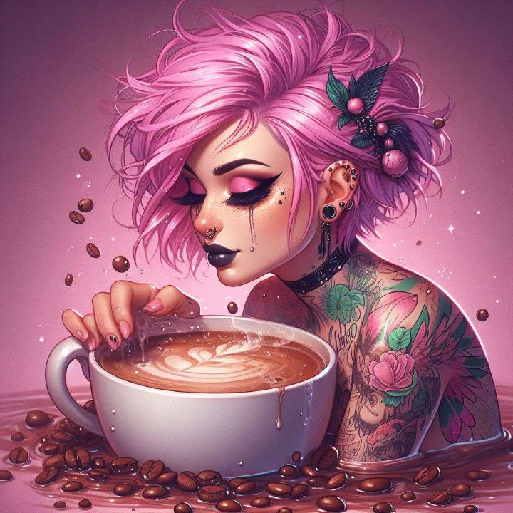 Pixie Pink Haired Girl in Coffee - Manda Panda Digital AI Art - Digital Art & AI, Food ...