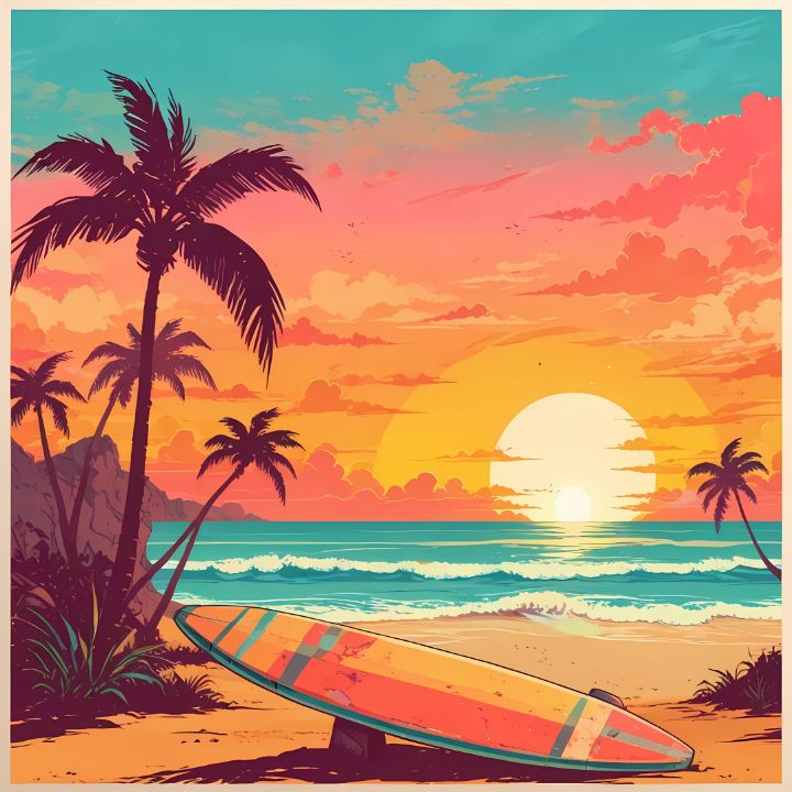 Retro Beach Scene with Surfboard - CG Cloud - Digital Art & AI ...