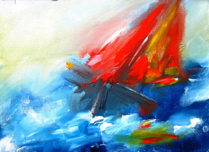 painting of sailboat with red sails - www.pixi-arts.com - Paintings ...