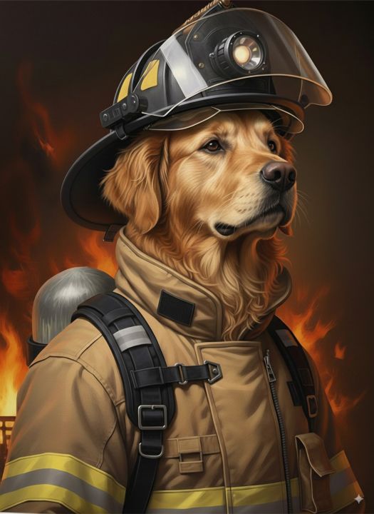 Golden Retriever Firefighter Standin - A-Z Firefighting Art - Paintings ...