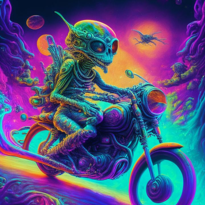 Psychedelic alien riding a motorbike - Open-Universe33 - Digital Art ...