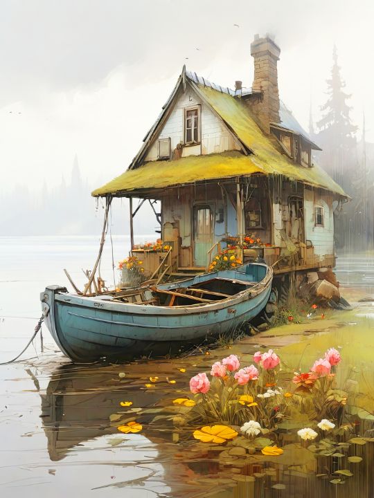 House On The Lake - T98 - Drawings & Illustration, Landscapes & Nature ...