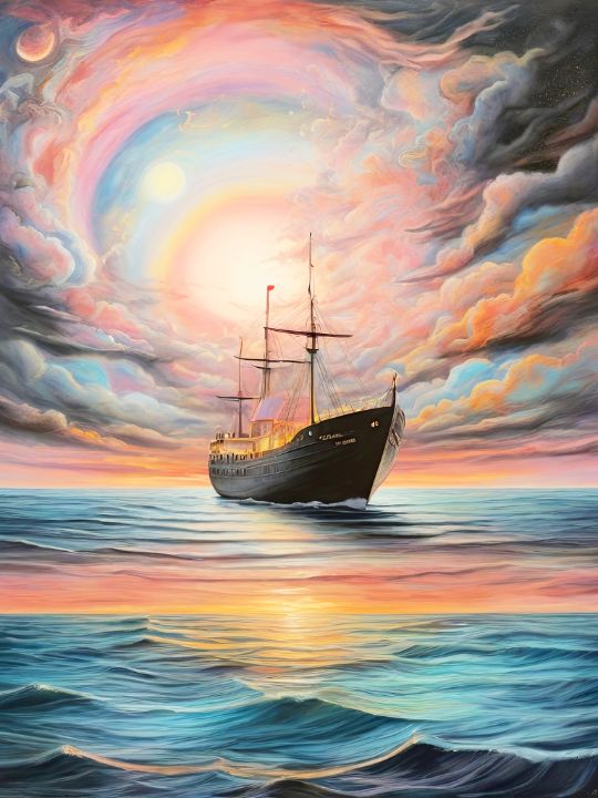 Ship At Sea - T98 - Drawings & Illustration, Landscapes & Nature, Beach ...