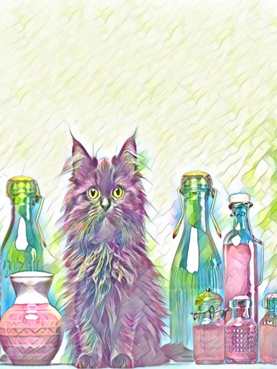 Cat And Bottle - T98 - Paintings & Prints, Animals, Birds, & Fish, Cats ...