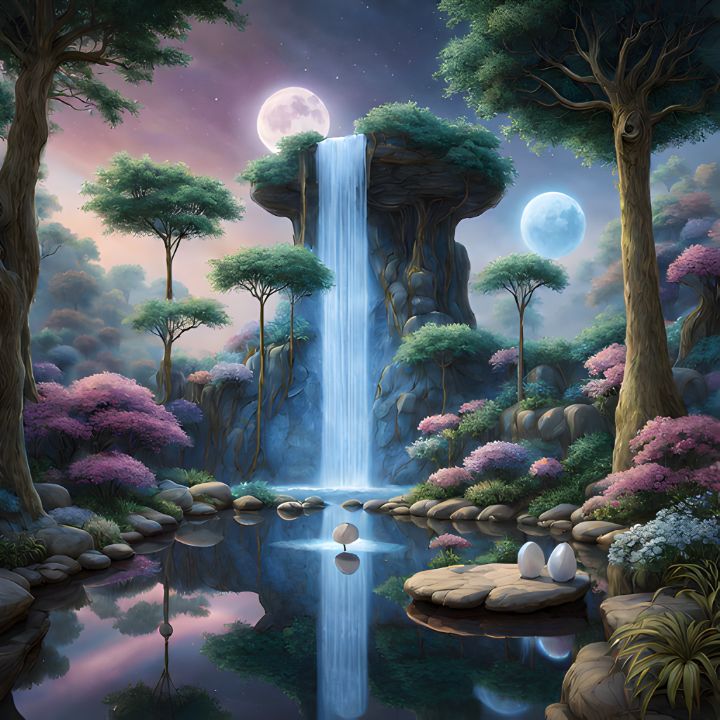Waterfall in the middle of a forest - Shreya Singh - Paintings & Prints ...