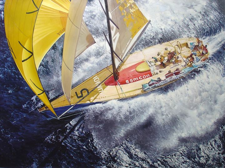 Yellow Racing Yacht - Lucia Amitra - Paintings & Prints, Sports & Hobbies, Boating - ArtPal