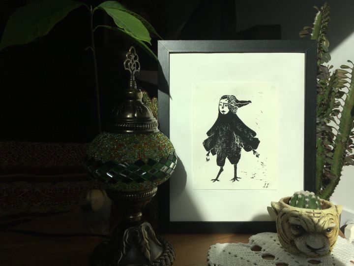 Linocut Woman birds - La Sulamine - Paintings & Prints, Fantasy ...