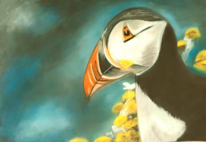 Puffin with yellow flowers - Art by Jane Hicks - Paintings & Prints ...