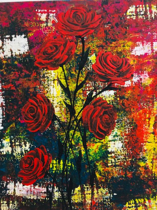 Crimson Roses on Textured Abstract - Art Amor - Paintings & Prints ...