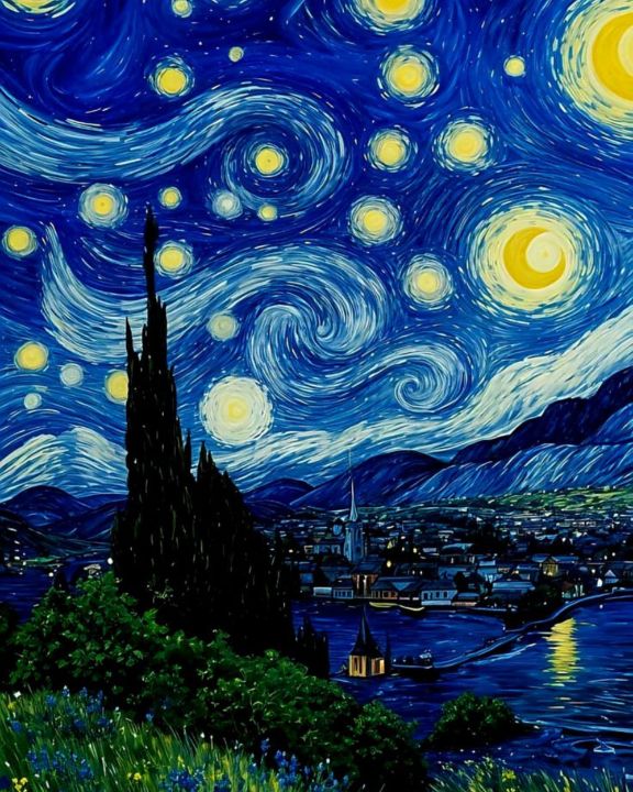 Starry Night Over the Village - Spectra - Paintings & Prints, Astronomy ...