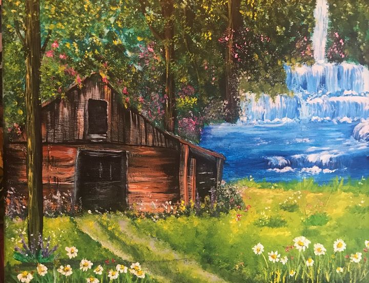 Cabin and Waterfalls - Allison Prior Art - Paintings & Prints ...
