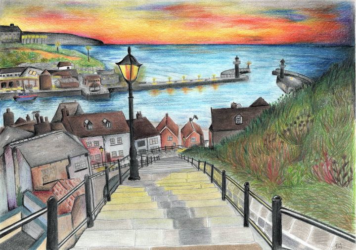 Whitby bay at dusk - Ma & Me x - Drawings & Illustration, Landscapes ...