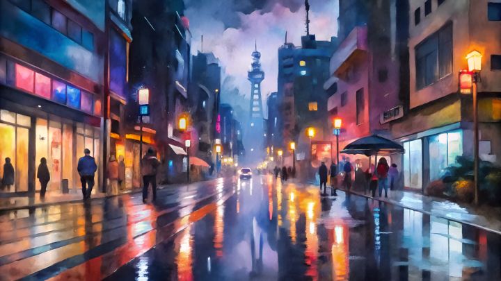 Tokyo Nights Rainy Reflections - ART8HOME - Digital Art & AI, Buildings ...