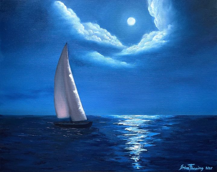 Sailboat under Moonlight Sky - Irina Fanning - Paintings & Prints ...