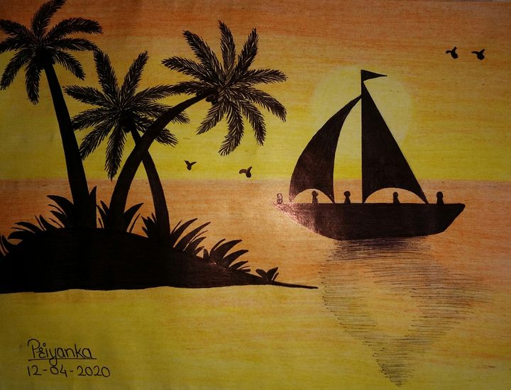 The Evening - Pink - Drawings & Illustration, Landscapes & Nature ...