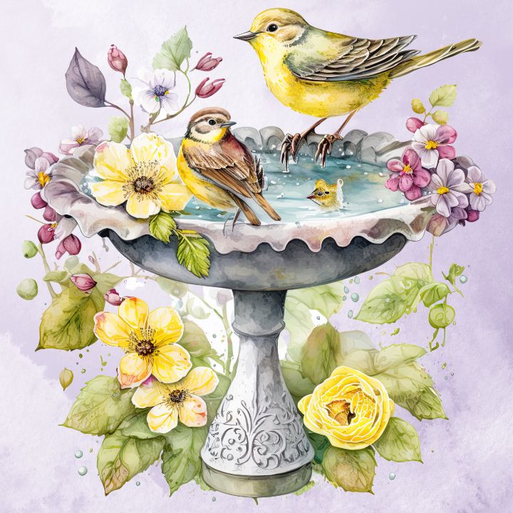 Birdbath Watercolor Birds Flowers - Rosa'le's Art Studio - Digital Art ...